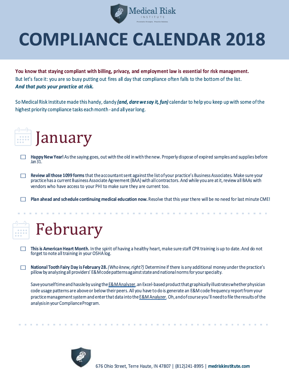 Compliance Calendar 2018 - Medical Risk Institute